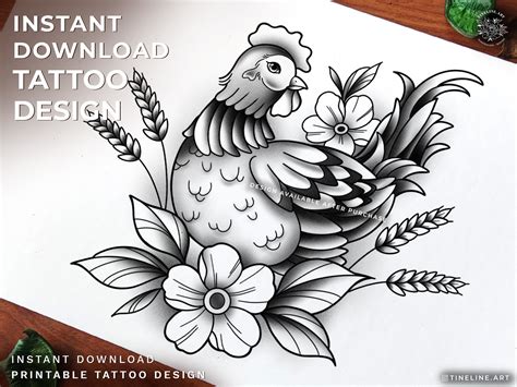 Floral Rooster Tattoo Design Feminine Fineline Art Digital Download