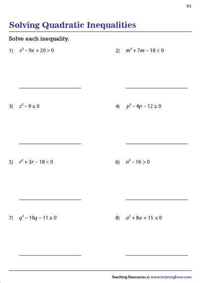 Quadratic Inequalities Worksheets