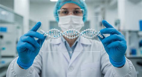 Dna Research Scientist Holding Double Helix Model In Lab Genetic Engineering Biotechnology