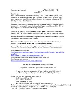 Fillable Online Nbths Nbtbabes Summer Assignment AP CALCULUS AB June North Fax