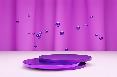 밝은 네온 색상의 3d 모델링 장면 간단한 기하학적 3d 요소와 빈 연단 모형 제품 프리젠 테이션 및 배경에 섬유 커튼금속 거품