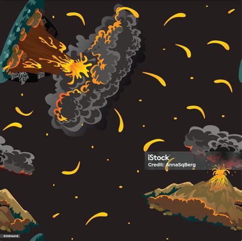 화산 분화 한 자 정도의 변화 또는 위험한 벌 컨 마그마 화산재와 화산 용암 산 벡터 일러스트 레이 션 아래로 흐르는 연기 비행기에서 인사를 깨우기의 집합 가루로 빻은에