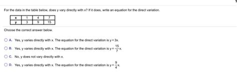 solved for the data in the table below does y vary directly