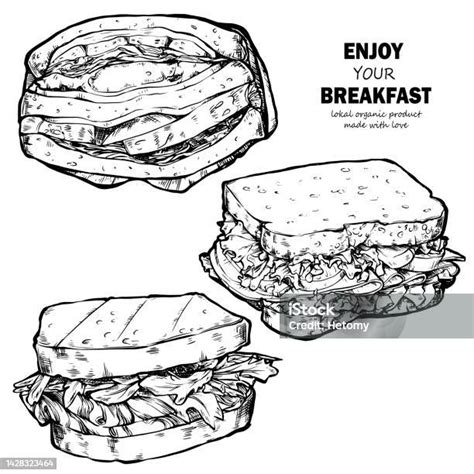 샌드위치 구운 클럽 샌드위치의 손으로 그린 음식 스케치 흑백 빈티지 일러스트 0명에 대한 스톡 벡터 아트 및 기타 이미지 0