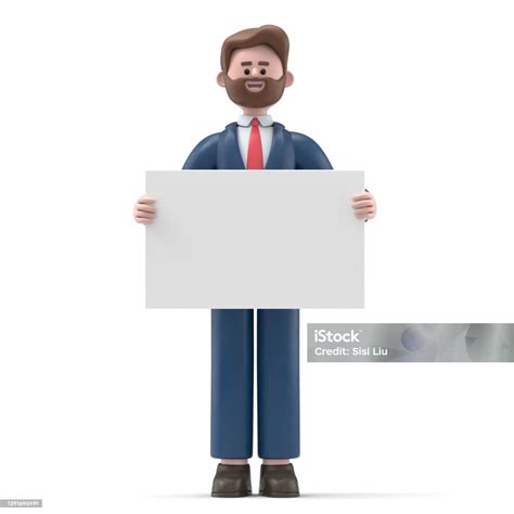 하얀 빈 판자를 들고 웃는 사업가 밥의 3d 그림 만화 캐릭터의 초상화는 손에 디스플레이 배너 광고 보드 흰색 배경에 3d 렌더링과 함께 서 있습니다 3차원 형태에 대한