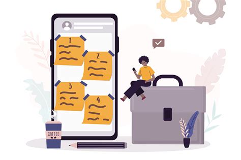 모바일 응용 프로그램의 일정 및 메모 똑똑한 여자는 앱의 스티커 메모에 목표를 씁니다 기업가는 다양한 비즈니스 목표를 설정합니다 시간 관리 소녀는 작업에 집중합니다