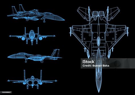 파란색 선에서 항공기의 와이어 프레임 다각형 평면 위에서 본 모습 3d 벡터 그림입니다 0명에 대한 스톡 벡터 아트 및 기타 이미지 Istock