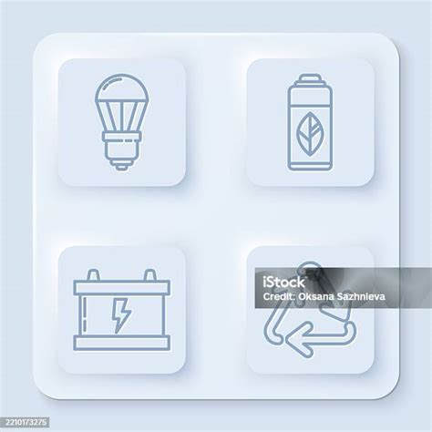 세트 라인 Led 전구 재활용 플라스틱 병 자동차 배터리 및 재활용 기호 흰색 사각형 버튼 벡터 Led 조명에 대한 스톡 벡터 아트 및 기타 이미지 Istock