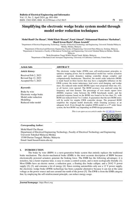 Pdf Simplifying The Electronic Wedge Brake System Model Through Model Order Reduction Techniques
