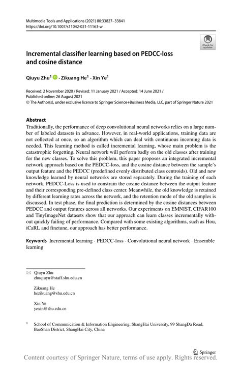 Incremental Classifier Learning Based On Pedcc Loss And Cosine Distance Request Pdf