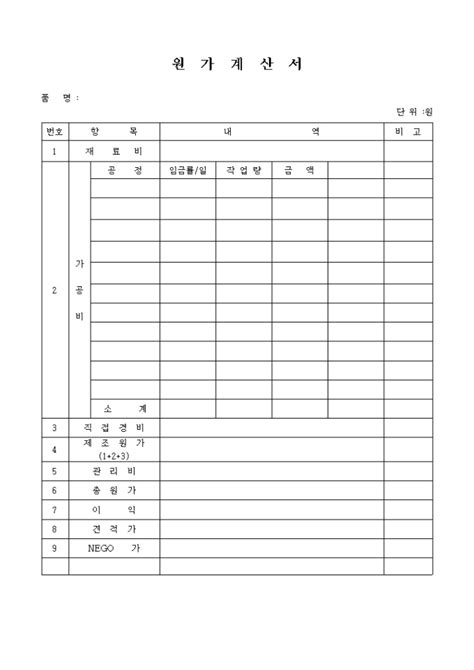 원가계산서 비즈폼 샘플양식 다운로드