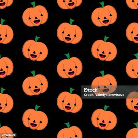 할로윈 호박 검은 배경에 완벽 한 패턴 밝은 만화 으스스하고 웃는 호박 모든 성인의 날 포스터 할로윈 배경 귀여운 호박 배너 카드 포장지 10월에 대한 스톡 벡터 아트 및