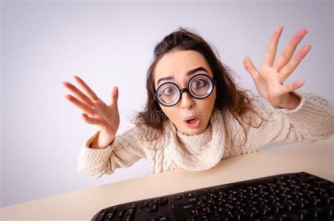 The Funny Nerd Girl Working On Computer Stock Image Image Of Frightened Face 145352005