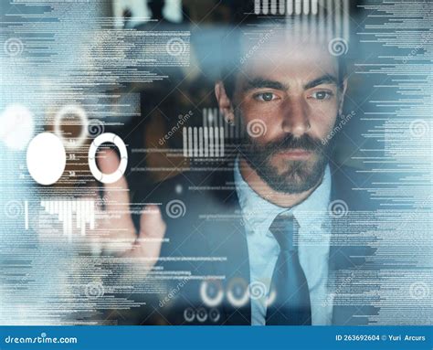 3d Data Hologram And Tech Coding Of A Fintech Businessman Working On Futuristic Technology Big