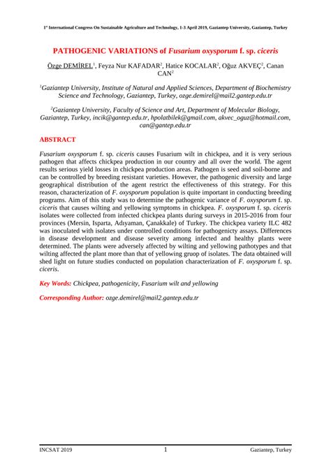 Pdf Pathogenic Variations Of Fusarium Oxysporum F Sp Ciceris