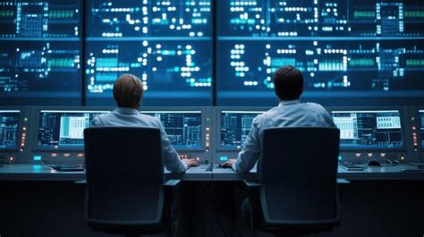 Engineers In A Control Room Monitoring Electrical Grids With Large Digital Displays And Realtime