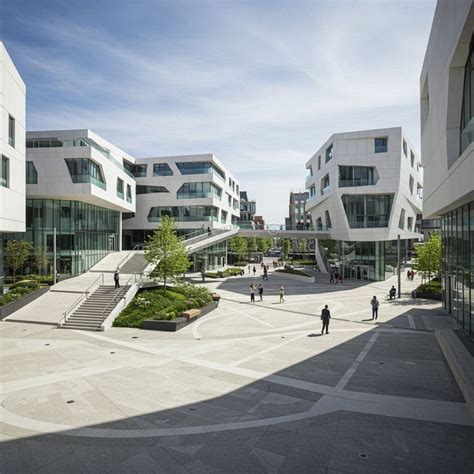 Modern Architectural Complex Featuring Angular White Multi Story Buildings With Large Stock