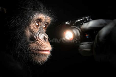 Chimpanzee Gazing Curiously At Camera With Glowing Light In Dark