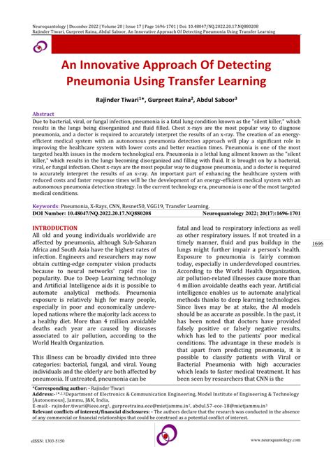 Pdf An Innovative Approach Of Detecting Pneumonia Using Transfer Learning