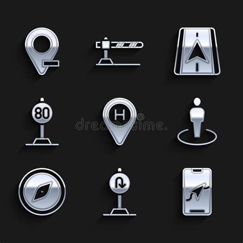 Set Helicopter Landing Pad Turn Back Road Sign City Map Navigation Location With Person