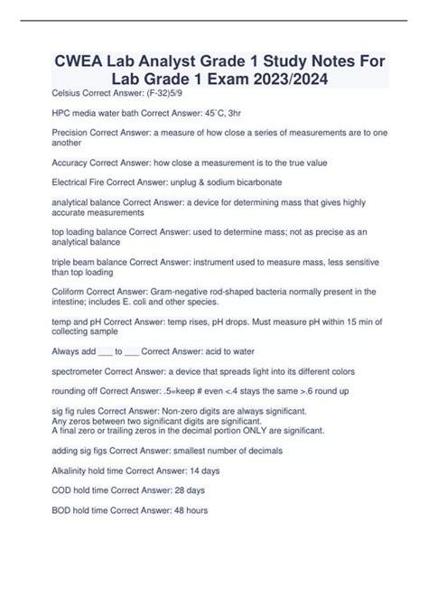 CWEA Lab Analyst Grade Study Notes For Lab Grade Exam CWEA Lab Analyst Stuvia US