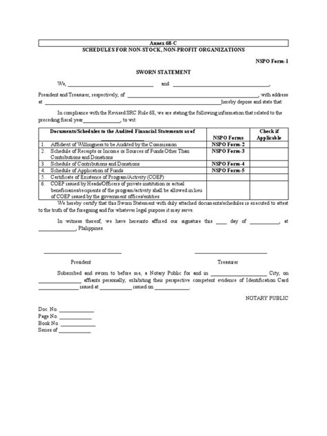 Annex 68 C Schedules For Non Stock Non Profit Organizations Nspo Form 1 Sworn Statement Pdf