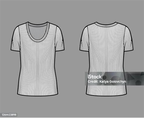 리브드 스쿱 넥 니트 스웨터 테크니컬 패션 일러스트와 짧은 리브 슬리브 오버사이즈 바디 튜닉 길이 0명에 대한 스톡 벡터 아트