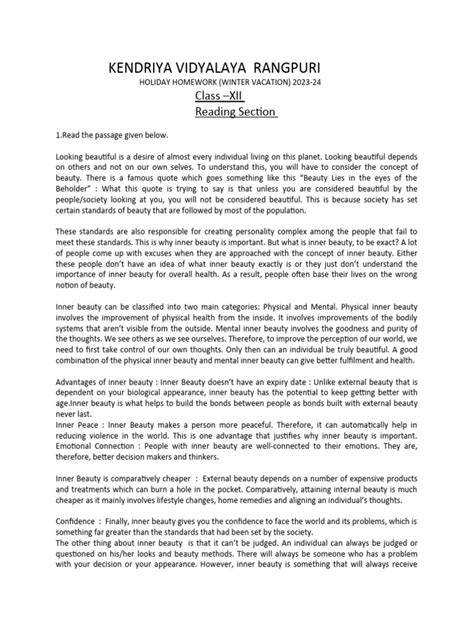 Holiday Homework Class Xii Winter Vacation 2023 24 Pdf Beauty