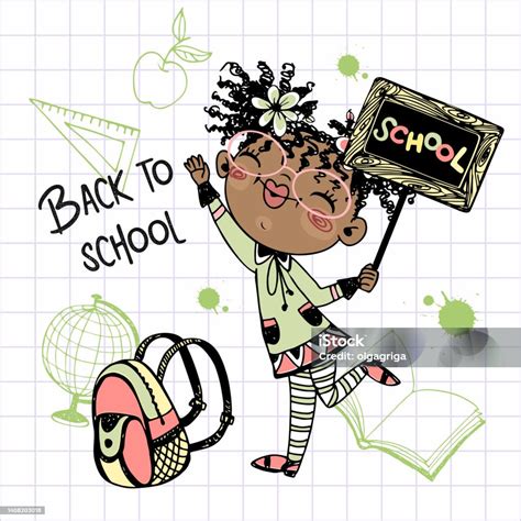 학교 배낭을 가진 피그테일을 가진 귀여운 어두운 피부 소녀는 학교에 간다 학교로 돌아갑니다 벡터 가방에 대한 스톡 벡터 아트 및