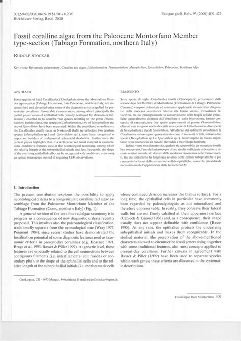 Pdf Fossil Coralline Algae From The Paleocene Montorfano Member Type Section Tabiago