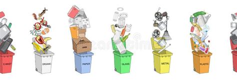 endless pattern trash cans with sorted garbage set stock illustration