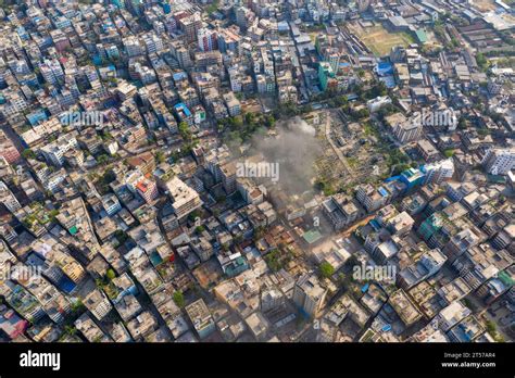 dhaka bangladesh aerial view of dhaka the capital of bangladesh shows smoke of a fire