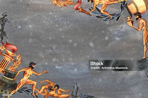고대 그리스 요소와 운동 선수가 있는 프레임 고대 그리스 꽃병 그림 스타일로 손으로 그린 수채화 일러스트 회색 질감의 배경에 엽서 포스터 및 배너용 Championship에