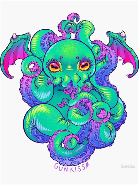 Cthulhu Tentacles Sticker By Gunkiss Redbubble Cute Neon Green Purple Sea Monster Design