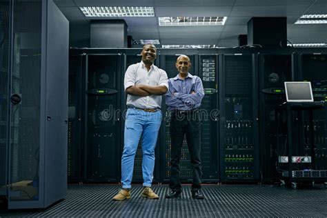 Happy Men Or Portrait Of Engineers In Server Room For Online Cyber Security Glitch Or Hardware