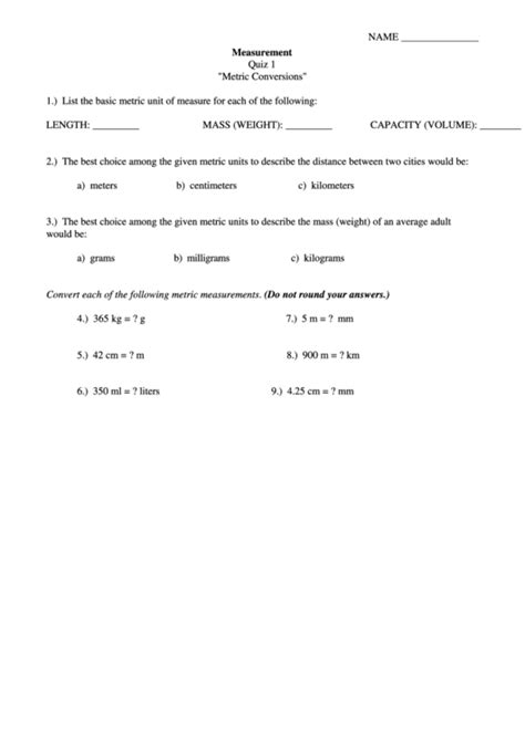 Measurement Quiz Metric Conversions Printable Pdf Download