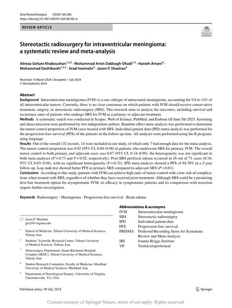 Pdf Stereotactic Radiosurgery For Intraventricular Meningioma A Systematic Review And Meta