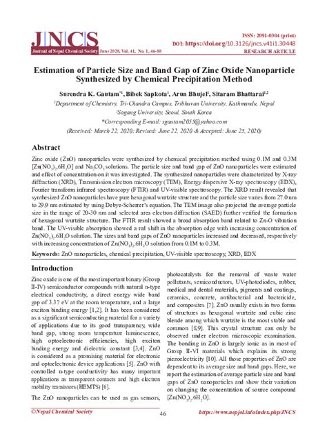 Pdf Estimation Of Particle Size And Band Gap Of Zinc Oxide