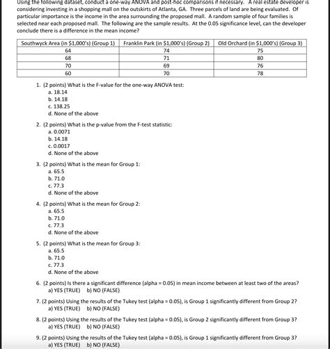 Using The Following Dataset Conduct A One Way Anova
