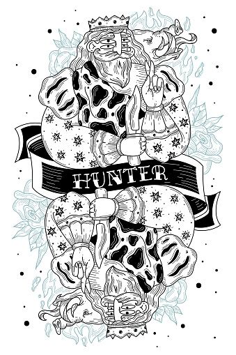 킹 헌터 킹 헌터 크라운과 사냥 칼을 가진 남자 분할 테이프와 대칭 이미지 조각 스타일 오래된 학교 힙스터 문신 벡터 가공의 인물에 대한 스톡 벡터 아트 및 기타 이미지