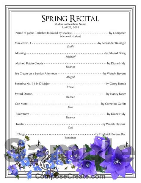 2018 Spring Editable Recital Program Package Recital Piano Recital Spring