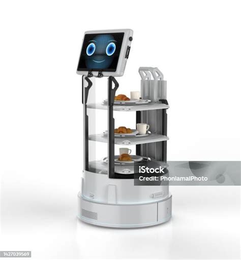 로봇 도우미 또는 서비스 로봇이 음식을 제공하는 자동화 카페 로봇에 대한 스톡 사진 및 기타 이미지 로봇 레스토랑 웨이터 Istock