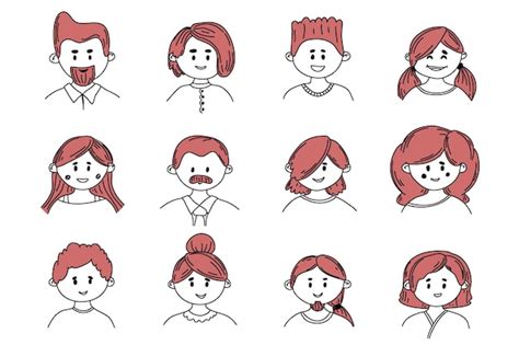 사람들이 아바타 세트 낙서 평면 스케치 스타일 초상화 아이콘 세트에서 다른 헤어스타일 벡터 일러스트 레이 션을 가진 다양성 노인과 젊은 남성과 여성의 사람들 프리미엄 벡터