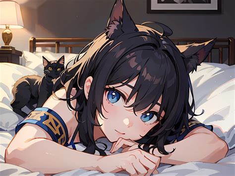 Anime Girl Laying On Bed With Cat On Her Shoulder Seaart Ai