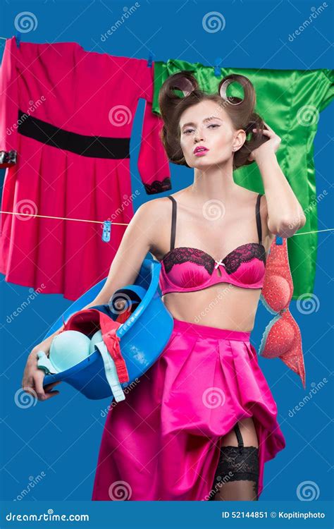 Pin Up Girl With A Basket With The Laundry Stock Image Image Of