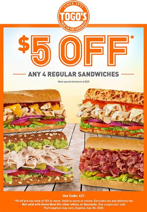 5 Off Any 4 Sandwiches At Togos Restaurants Togos February 2026