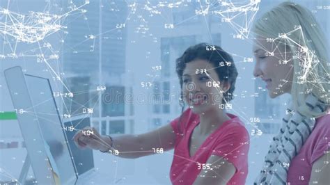 Network Of Connections And Data Points Animation Over Women