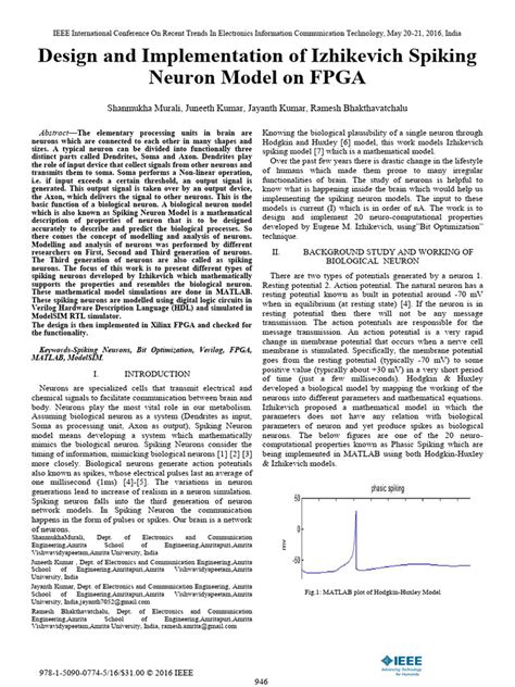 Designandimplementationofizhikevichspikingneuronmodelonfpga Pdf Neuron Action