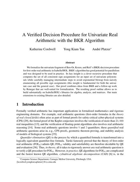 Pdf A Verified Decision Procedure For Univariate Real Arithmetic With