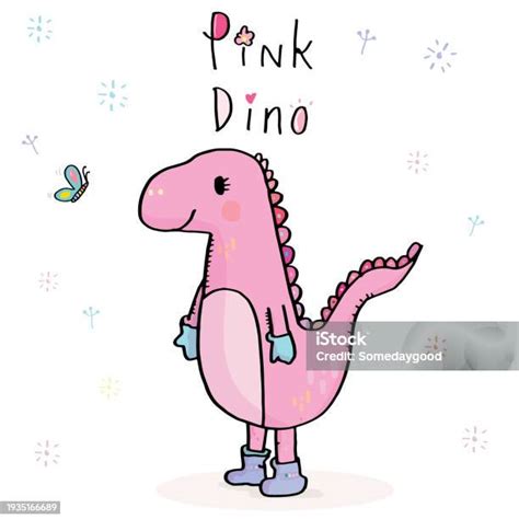 귀여운 핑크 공룡 소녀 낙서 벡터 일러스트 레이 션 아기 소녀를위한 간단한 보육 예술 0명에 대한 스톡 벡터 아트 및 기타